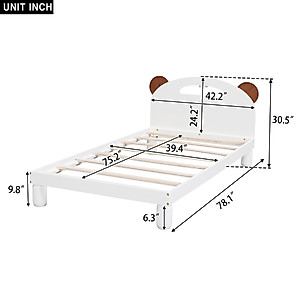 Rhomtree Twin Bed Frame with Bear Ears Shaped Headboard and LED,Wood Twin Size Platform Bed Frames with Headboard for Boy Girl Kids,No Box Spring Needed(White, Twin)