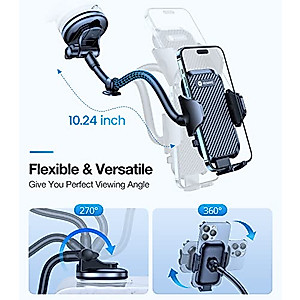 VICSEED Universal Phone Mount for Car [Strong Suction] [Flexible Durable Long Arm] Gooseneck Car Phone Holder Mount Windshield Dashboard 360 Rotation Cell Phone Holder Car for All Mobiles & Cases