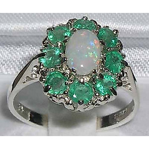 LetsBuyGold 10k White Gold Natural Opal and Emerald Womens Cluster Ring - Size 8.75