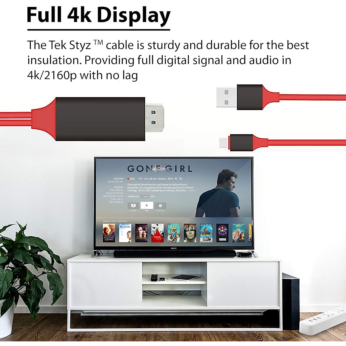 Tek Styz Powered USB-C 4k HDMI Cable Compatible with Motorola One Action Plus USB Charging at Max 2160p@60Hz, 6Ft/2M Cable [Red, Thunderbolt 3]