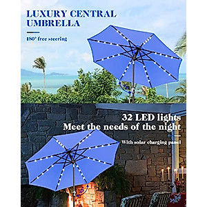 Zersun 9 FT Outdoor Patio Umbrellas with 32 Solar Lights 8 Ribs/Tilt Adjustment and Crank Lift System - LED Table Umbrella Outdoor Patio for Garden, Deck, Backyard, Pool and Beach - Navy Blue