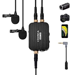 comica CVM-D03 Dual Lavalier Microphone, Professional Omnidirectional Clip-on Lapel Microphone for Canon Sony Panasonic Cameras, Smartphone, PC, Lav Mic for Video Recording Interview