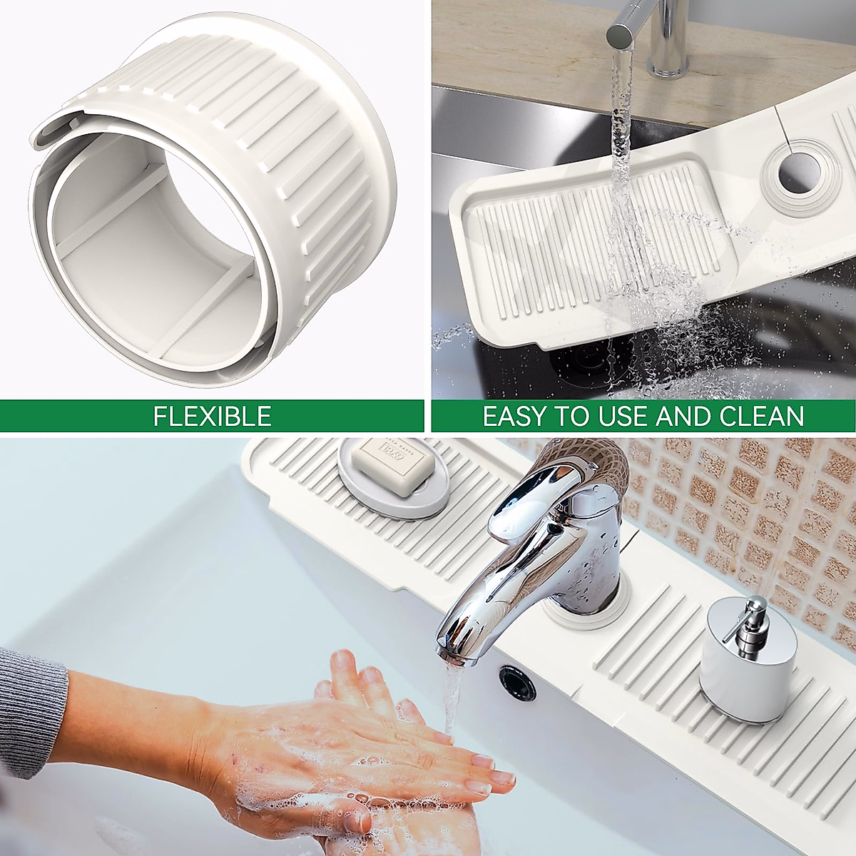 Kitchen Sink Splash Guard Behind Faucet 24 x 5.5 Inch, Toovem Faucet Handle Drip Catcher Tray, Longer Silicone Sink Faucet Mat, Dish Soap Sponge Holder for Bathroom, Farmhouse, Bar, Rv,Beige White