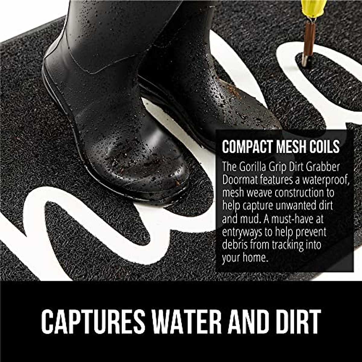 Gorilla Grip Dirt Grabber Hello Mesh Doormat, Waterproof All Weather Welcome Mat, Low Profile Entryway Mats for Home, Indoor Outdoor Front Entrance and Back Sliding Door, Washable, 30x17, Black/White