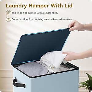 SOLEDI Laundry Hamper with Lid 100L Large & Tall Collapsible Laundry Basket, Clothes Hamper with Bag Removable Easy to Carry, Dirty Hampers for Bedroom, Bathroom, Dorm, College, Blue Grey