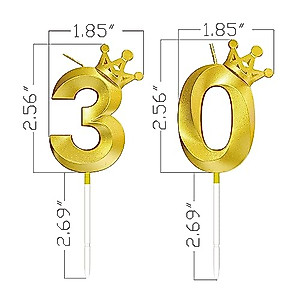 Number 30 Birthday Candle 3D Crown Designed 30th Cake Topper Decorations for Thirty Year Old Happy Birthday Candles Anniversaries (Crown-30, Gold)