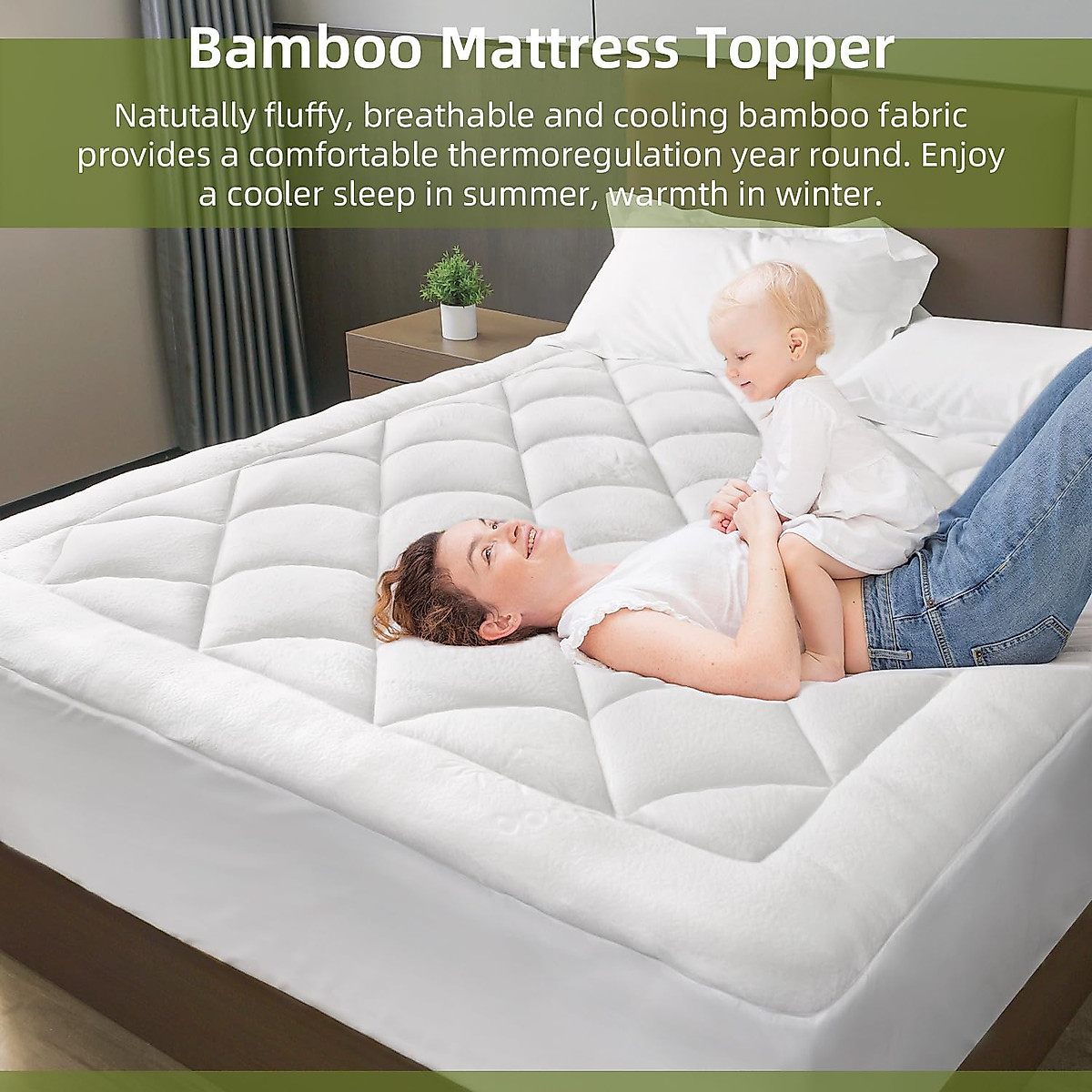 Bamboo Cooling Mattress Topper Queen Size, Mattress Pad Quilted with 600GSM Down Alternative Fill with a Deep Pocket for a Luxurious Sleep Experience (Queen, 60" x 80")