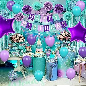 Mermaid Birthday Decorations Purple Teal Blue Party Balloons Happy Birthday Banner Dots Garland Purple Turquoise Green Fringe Curtain Pompom Swirls for Girl Women Birthday Baby Shower Party Decoration