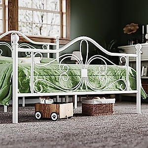 Allewie Queen Size Bed Frame with Headboard,Metal Bed Frame with Butterfly Pattern Design Headboard & Footboard,No Box Spring Needed,Easy Assembly,White