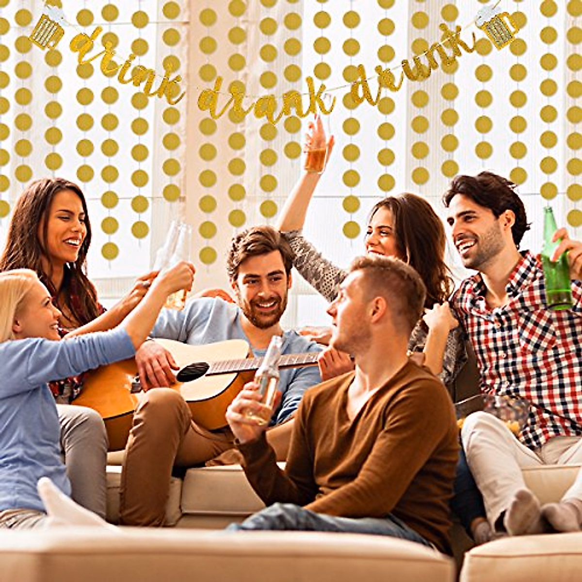 Gold Glittery Drink Drank Drunk Banner and Gold Glittery Circle Dots Garland(25pcs Circle Dots)-Bar Sign Bachelorette Wedding Birthday Party Decoration