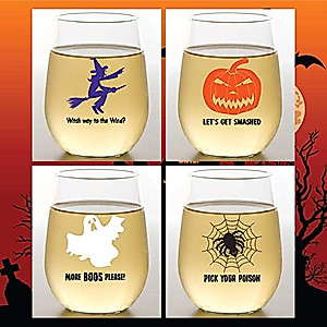 Set of 4 HOLIDAY DESIGN Shatterproof 16 oz Plastic Stemless Wine Glasses (HALLOWEEN)