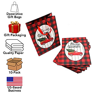 Iconikal Medium Size Christmas Gift Bags, Red Buffalo Plaid with Red Truck, 10-Count Set
