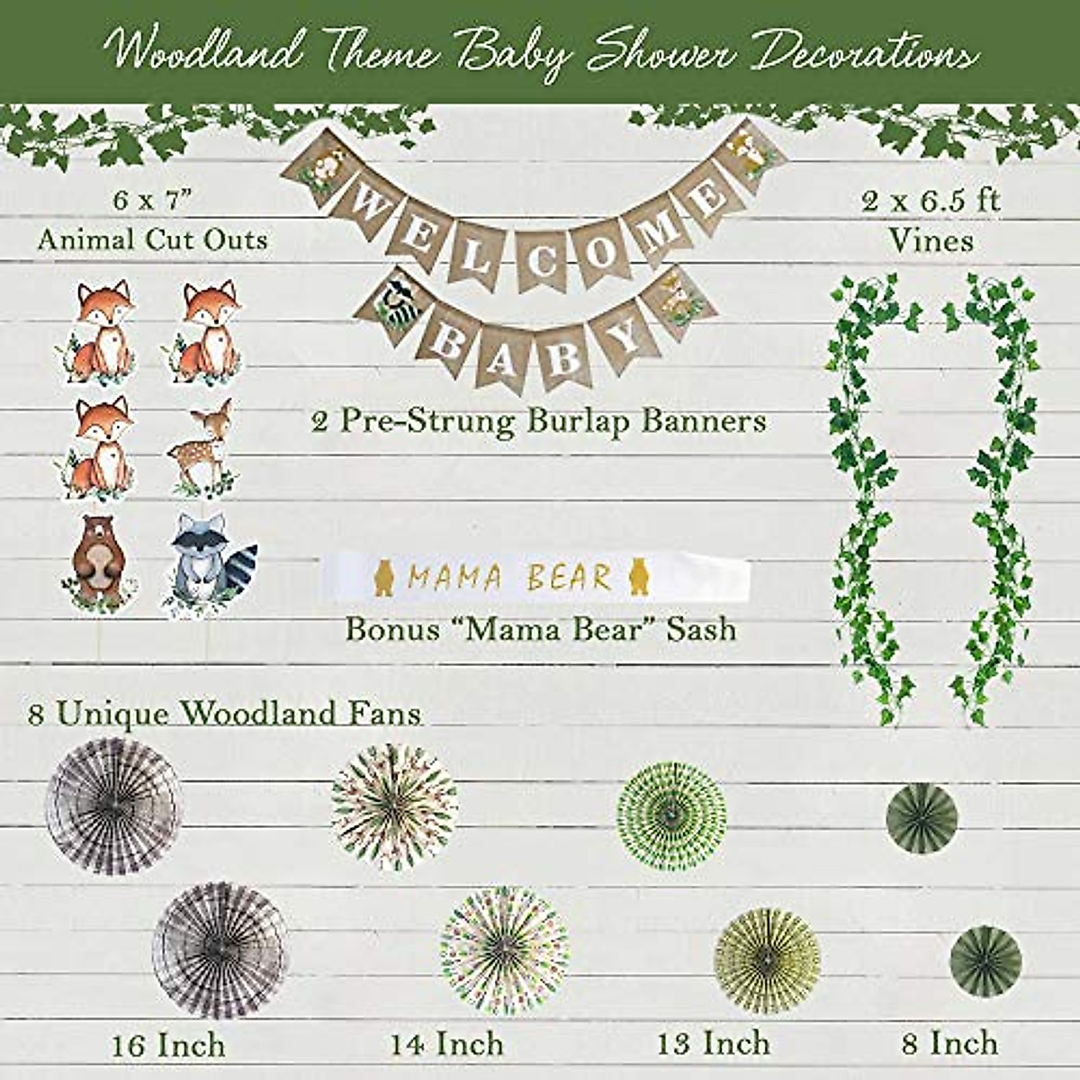 YARA Woodland Baby Shower Decorations For Boy & Girl| Jungle Safari Gender Neutral Forest Animal Decor| Party Supplies Kit with Rustic Burlap Welcome Baby Banner, Creature Cut Outs, Fans & Ivy Garland