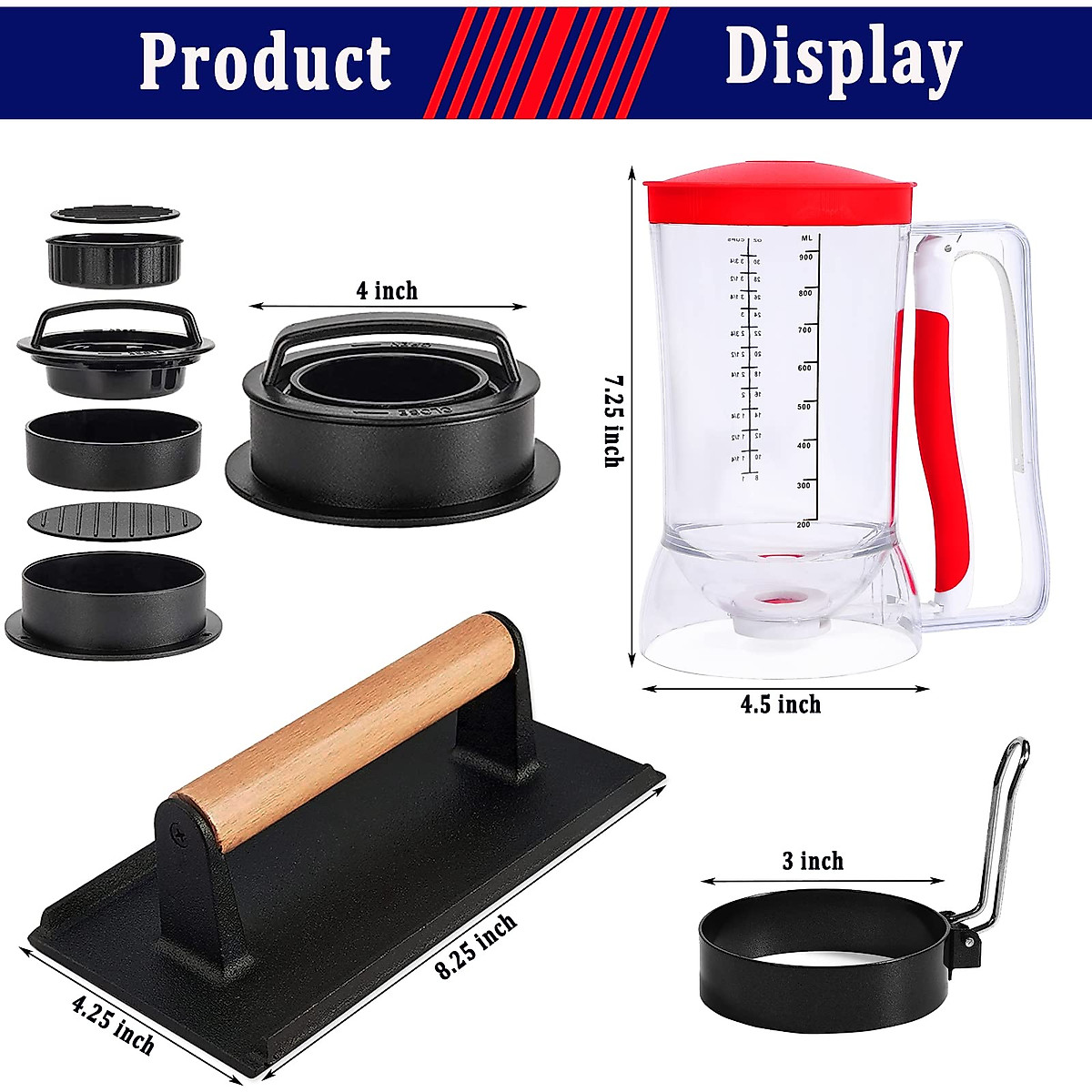 Breakfast Kit for Blackstone Grill, 7 Piece Griddle Accessories Set - Including Pancake Batter Dispenser, Bacon Press, Egg Rings, Hamburger Press Patty Maker