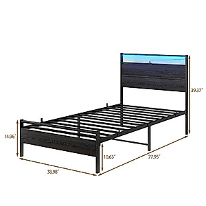 Twin Bed Frame with Headboard/LED Lights,Metal Bed Frame Twin Size with Charging Station,Twin Platform Bed Frame Twin Size No Box Spring Needed,Beds Base,Heavy Duty Metal Slats Support,No Noise,Black