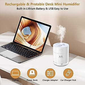 HOTBAG Portable Mini Humidifier For Plants Indoor 500ml Small Cool Mist Humidifier Usb Rechargeable Mini Humidifier For Desk Travel Office Home Nursery Auto Shut-Off 2 Mist Modes With Night Light