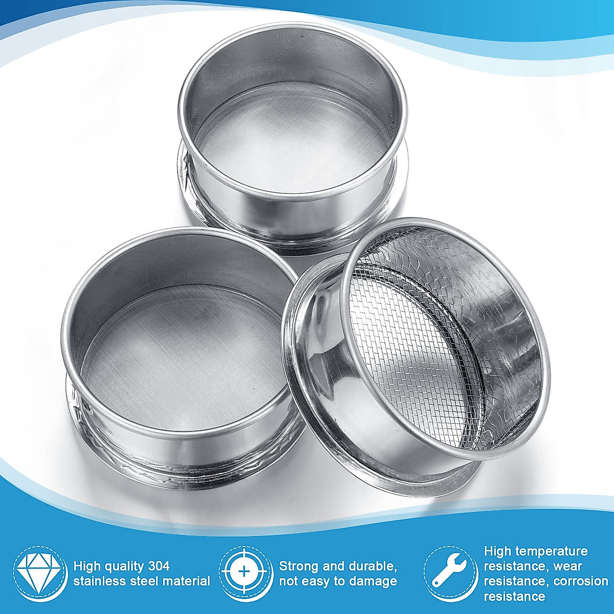 3 Pcs 304 Stainless Lab Sieves, 200 Mesh (0.074 Mm), 80 Mesh (0.18 Mm), 10 Mesh (2 Mm) Aperture Test Sieve, 4 Inch Diameter Economy Test Sieve with Labels for Industrial Laboratory