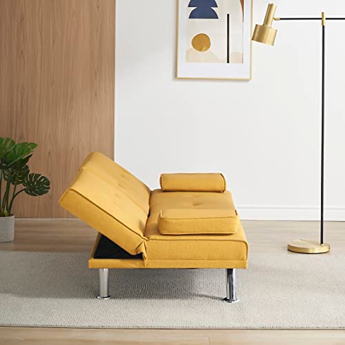 Modern Leather Futon Sofa, Convertible Sleeper Couch Bed Daybed Loveseat, Folding Recliner with 2 Cup Holders, 3 Angles and Metal Legs, Removable Armrest for Compact Living Space