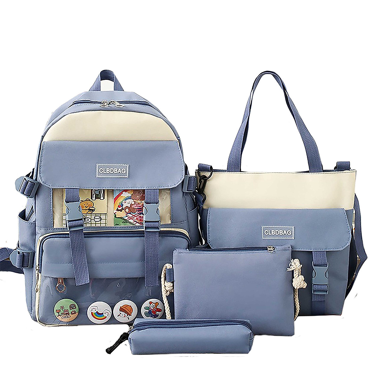 Cute Kawaii Backpack 4Pcs Canvas Backpack Give away bear pendant Pencil Pouch Shoulder Bag Lunch Bag for Girls Boys (Red)