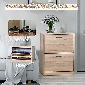 SSLine Shoe Cabinet,Shoe Rack Storage Organizer with 2 Flip Drawers,Entryway Narrow Shoe Storage Cabinet for Narrow Closet, Entryway, Living Room (Natural,2-Tier-2)