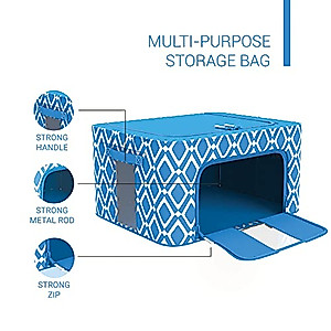 OrganizeMe 3 Pack Stackable Clothes Storage Bin Metal Frame Collapsible Storage Box Foldable Bin For Blankets Cloths Comforters Closet Organiser Sturdy Handle Design with Clear Window (Brilliant Blue)