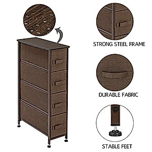 Narrow Dresser, Vertical Storage Unit with 4 Fabric Drawers, Metal Frame, Slim Storage Tower, 7.9" Width, for Living Room, Kitchen, Small Space, Gap (Brown)