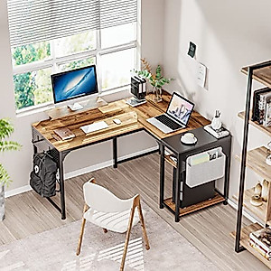 It's_Organized Reversible L Shaped Desk with Monitor Stand,58x47 inch Corner Desk,Study Writing Computer Table with Storage Shelves for Home Office,Rustic Brown/Black