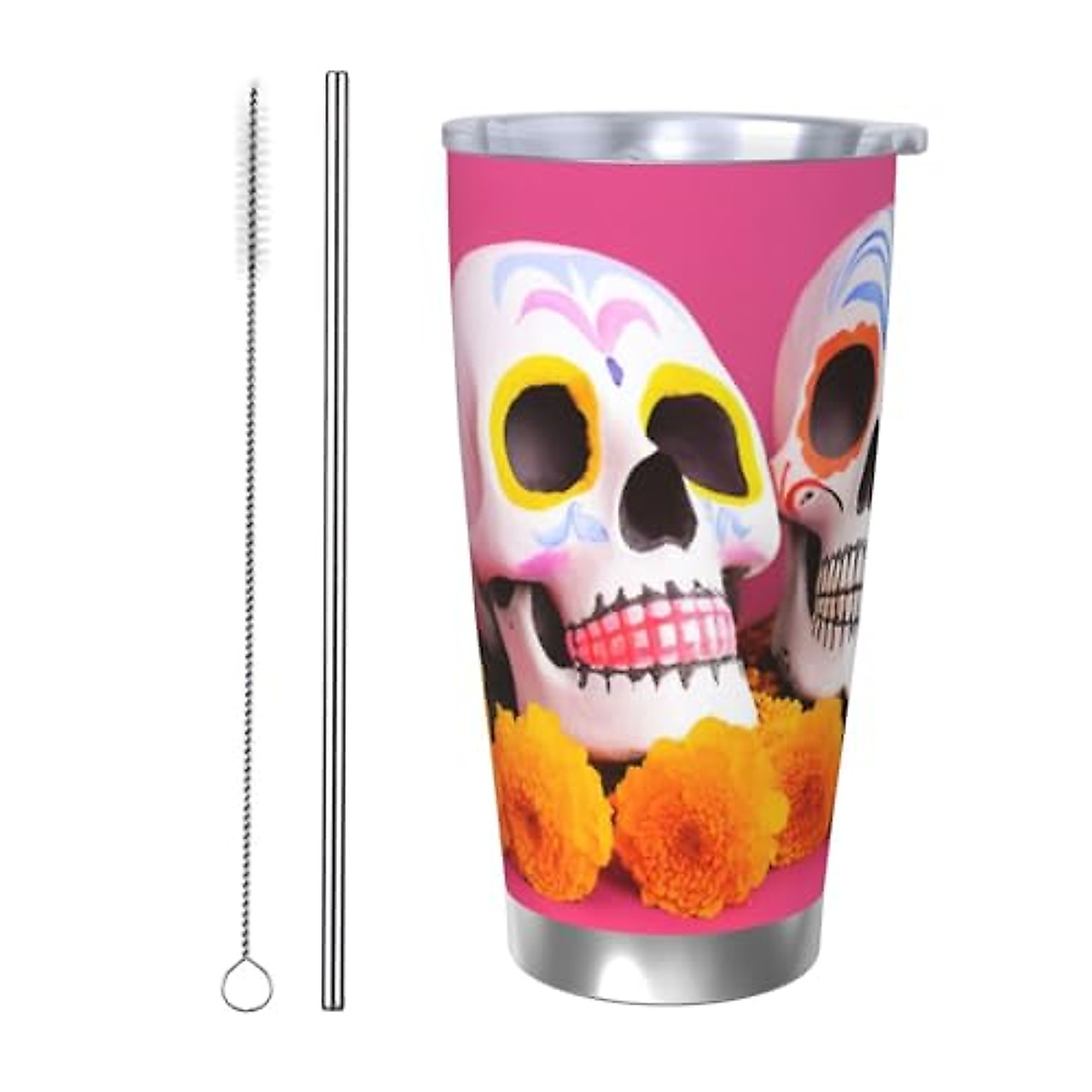 EKPRAVDKTF Floral And Skull 20oz Insulated Stainless Steel Tumbler With Lids And Straws, Double Wall Vacuum Travel Coffee Mug, Thermal Cup For Cold & Hot Drinks, Reusable Metal Straw & Brush