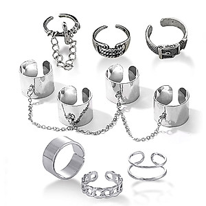 HUJUON 10-17Pcs Gothic Punk Rings Set,Vintage Chain Finger Rings Adjustable Alloy Biker Obsidian Chain Open Rings Knuckle Stackable Midi Ring Joint for Women (10pcs)