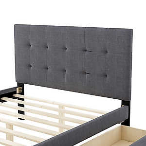 RUNWON Queen Size Linen Upholstered Platform Bed Frame with Headboard and Two Drawers for Bedroom, Grey