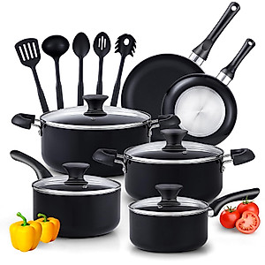 Cook N Home 15-Piece Nonstick Stay Cool Handle Cookware Set, Black