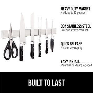 The Original Gorilla Grip Stainless Steel Magnetic Knife Holder, 16 inch, Heavy Duty Magnet Strip for Knives, Wall or Refrigerator Mounted Bar, Easy Install Rack, Securely Store and Organize Kitchen