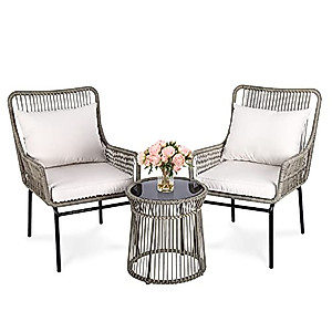 MEETWARM 3-Piece Outdoor All-Weather Wicker Furniture Set with Glass Top Side Table, Patio Conversation Bistro Sets with Cushions for Porch Garden & Backyard, Light Grey