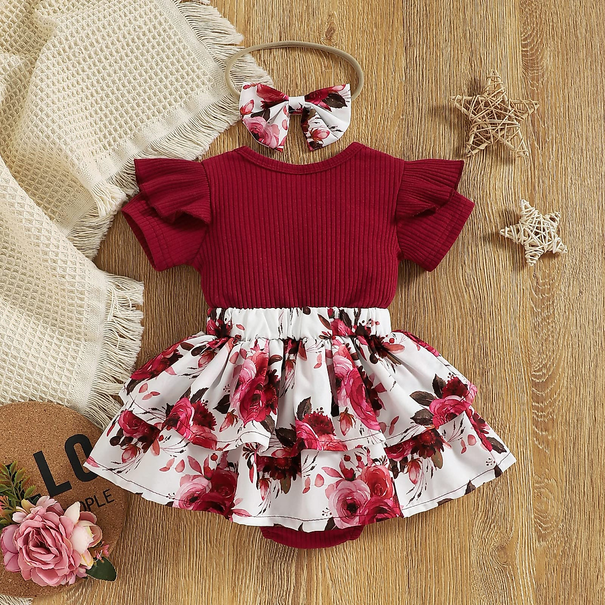 Newborn Baby Girls Daisy Romper Dress Summer Mama Saying Clothes Short Sleeve Jumpsuit Floral Onesie Headband (Wine Red, 6-12 Months)