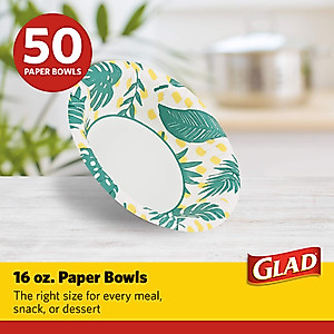 Glad Disposable Heavy Duty Cut Resistant Microwave Safe Paper Bowls with Palm Leaves Design for Hot Soup and Ice Cream for Everyday Use, 16 Oz, 50 Count