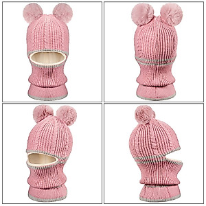 2 Pieces Kids Hood Scarf Kids Knit Hat Winter Thick Earflap Skull Caps for Boy Girls (Pink, Gray)