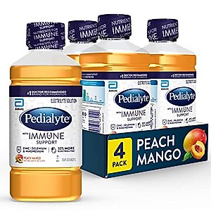 Pedialyte with Immune Support, Peach Mango, 4 Count, Electrolyte Hydration Drink, with Zinc, Selenium, and Magnesium, 1 Liter
