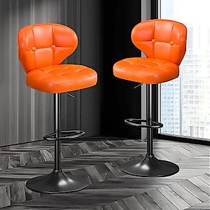 Modern Bar Stool Set of 2 Swivel Kitchen Stool Height Adjustable Padded Seat with Backrest Metal Frame Anti-Slip Base Ideal for Home Restaurant Bar (Orange)