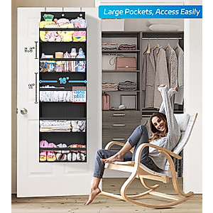 KEETDY Over the Door Organizer Storage Hanging Shelves for Closet Door with 5 Large Pockets Fits Bedroom, Bathroom，Dorm for Clothes Storage, Baby Diapers, Stuffed Animals, Black