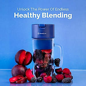 BlendQuik, Personal Portable Blender For Shakes & Smoothies, Leakproof & Stylish Portable Mason Jar Shaker, Rechargeable Mini Blender with 10-Blade Blending System 14oz, Dark Blue
