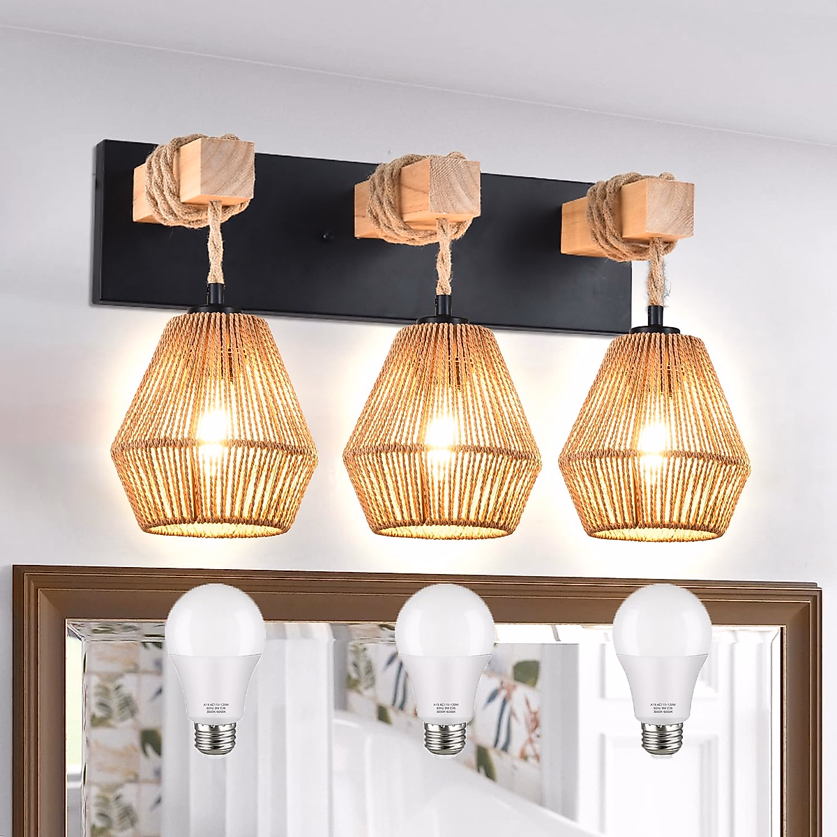 ILLMTW 3-Light Bathroom Vanity Lights Over Mirror,Farmhouse Wood Vanity Light Fixtures for Bathroom,Boho Rustic Adjustable Color with Woven Rattan Wicker Wall Sconces for Hallway Bedroom Living Room