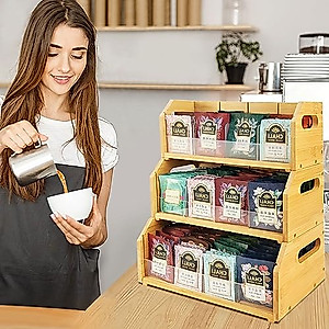 Bamboo Tea Bag Storage Containers- Tea Organizer for Tea Bags Cabinet- Tea Caddy Packet Rack Teabag Shelf Coffee Holders for Office Kitchen- Wooden 3 Tier