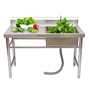 47" x 24" x 32" Free Standing Single Bowl Commercial Kitchen Sink Set, Stainless Steel Prep & Utility Restaurant Kitchen Sink w/Workbench/Faucet for Restaurant, Kitchen, Garage (US Stock)