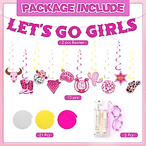 Epakh 35 Pcs Let's Go Girls Cowgirl Party Decorations Pink Western Birthday Decors Disco Bachelorette Party Bridal Shower Supplies Include Let's Go Girls Banner Hanging Swirls Lights for Women Girls