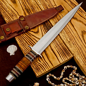 Custom Handmade Damascus Steel 17 Inches Outdoor Survival Fixed Blade Knife, Double Edged Serrated Dagger Leather Wood Handle, Leather Sheath Included