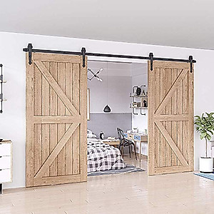 STIALO 6.6 FT Double Door Barn Door Hardware Kit, Sliding Door Hardware for Double Door, Heavy Duty Black Steel Arrow Shape Hanger, Include Track Kit, Floor Guide & Pull Handle