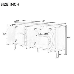 P PURLOVE Retro Accent Sideboard Cabinet with 4 Doors, Freestanding Storage Console Table with Circular Groove Design and Metal Door Handle, Wooden Sideboarddoor for Dining, Hallway (Gray)