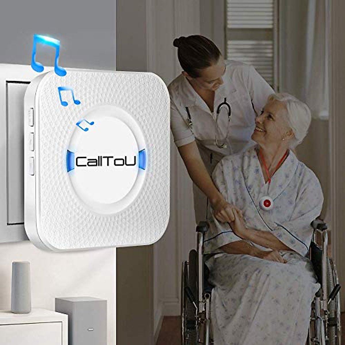 CallToU Wireless Caregiver Pager Smart Call System 4 SOS Call Buttons/Transmitters 2 Receivers Nurse Calling Alert Patient Help System for Home/Personal Attention Pager 500+Feet Plugin Receiver