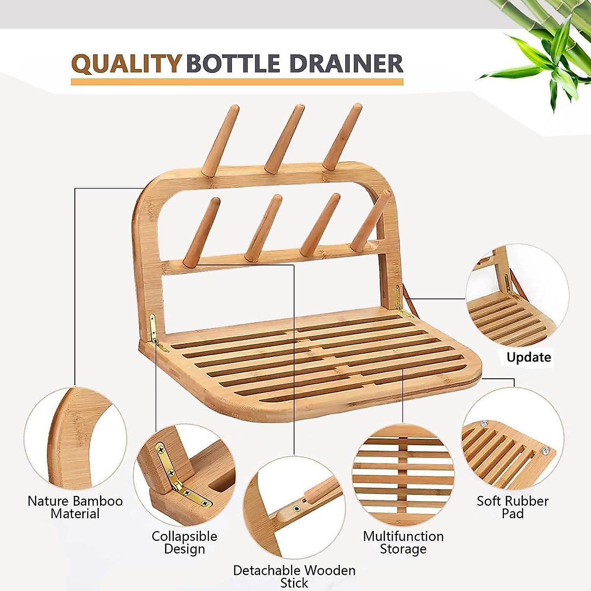 Eforwest Baby Bottle Countertop Drying Rack Bamboo,Space Saving Kitchen Drying Rack & Bottle Holder for Nipples, Cups, Pump Parts, Accessories, Reusable Ziplock and Freezer Bag Dryer Rack