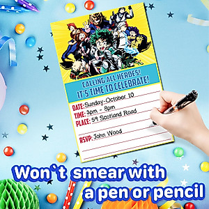 20x My Hero Academy Birthday Invitations and Envelopes – Fill-in Happy Birthday Party Invitations for Kids, 6X4 Inches, Postcard Style